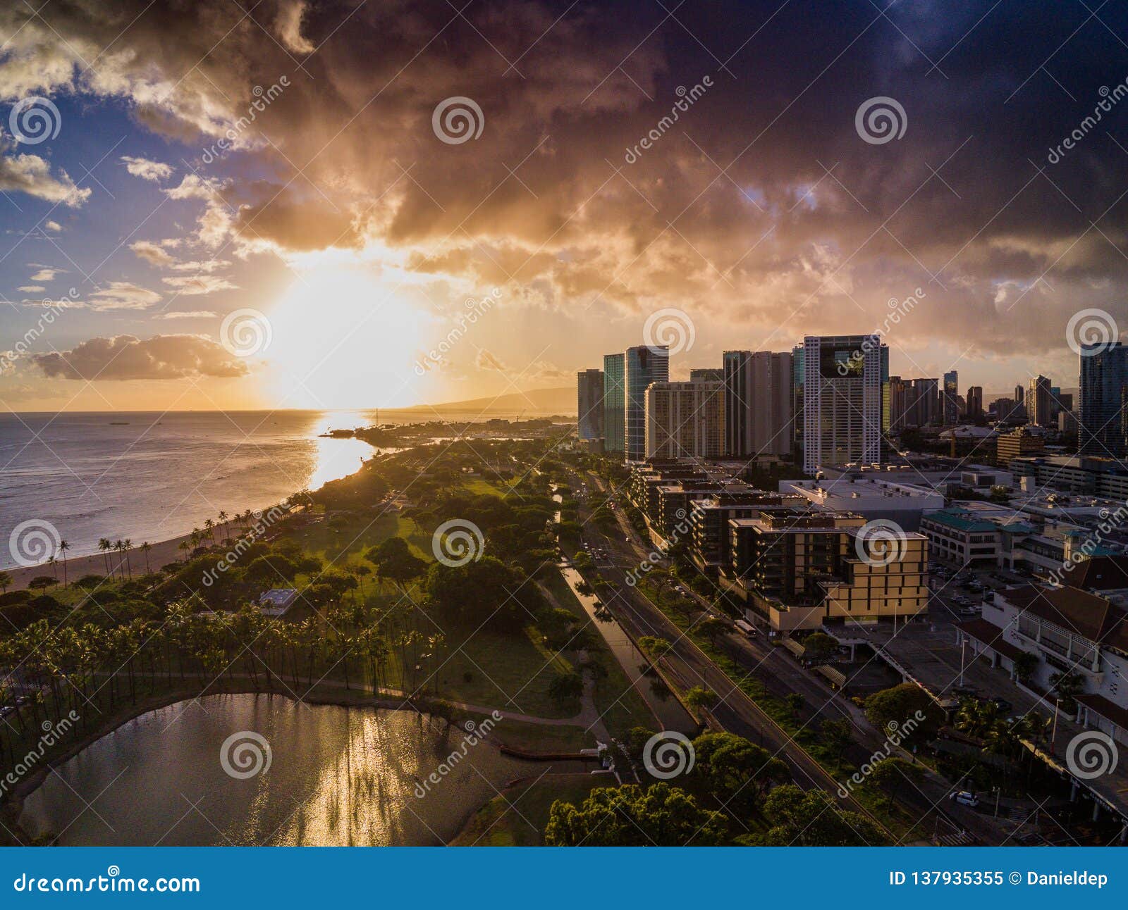 Sun Set Over Skyline of Honolulu Stock Image - Image of golden ...