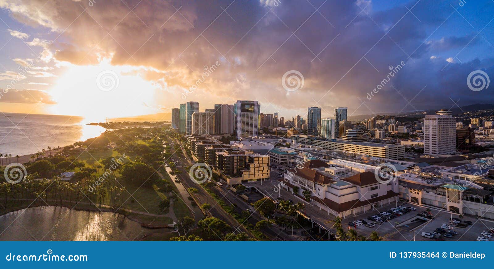 Sun Set Over Skyline of Honolulu Stock Photo - Image of office ...