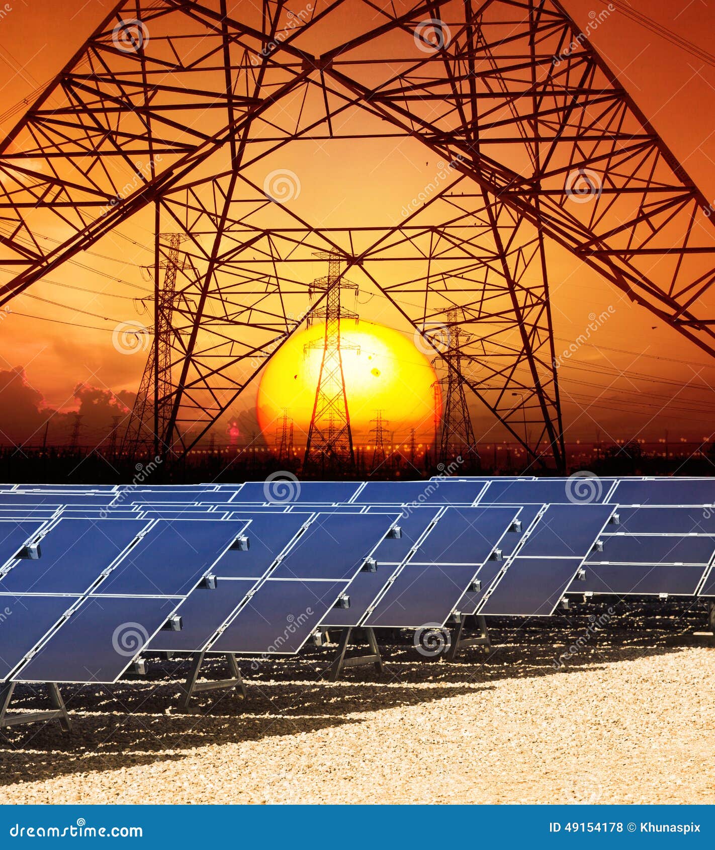 Sun Set with Structure of High Voltage Electric Power Tower and Stock ...