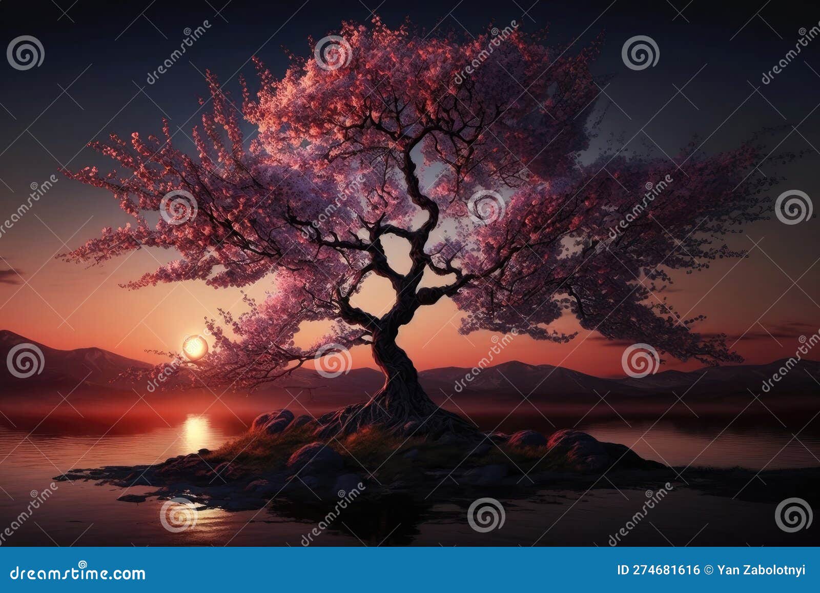 The Sun Sets Behind a Sakura Tree. Generative AI Stock Illustration ...