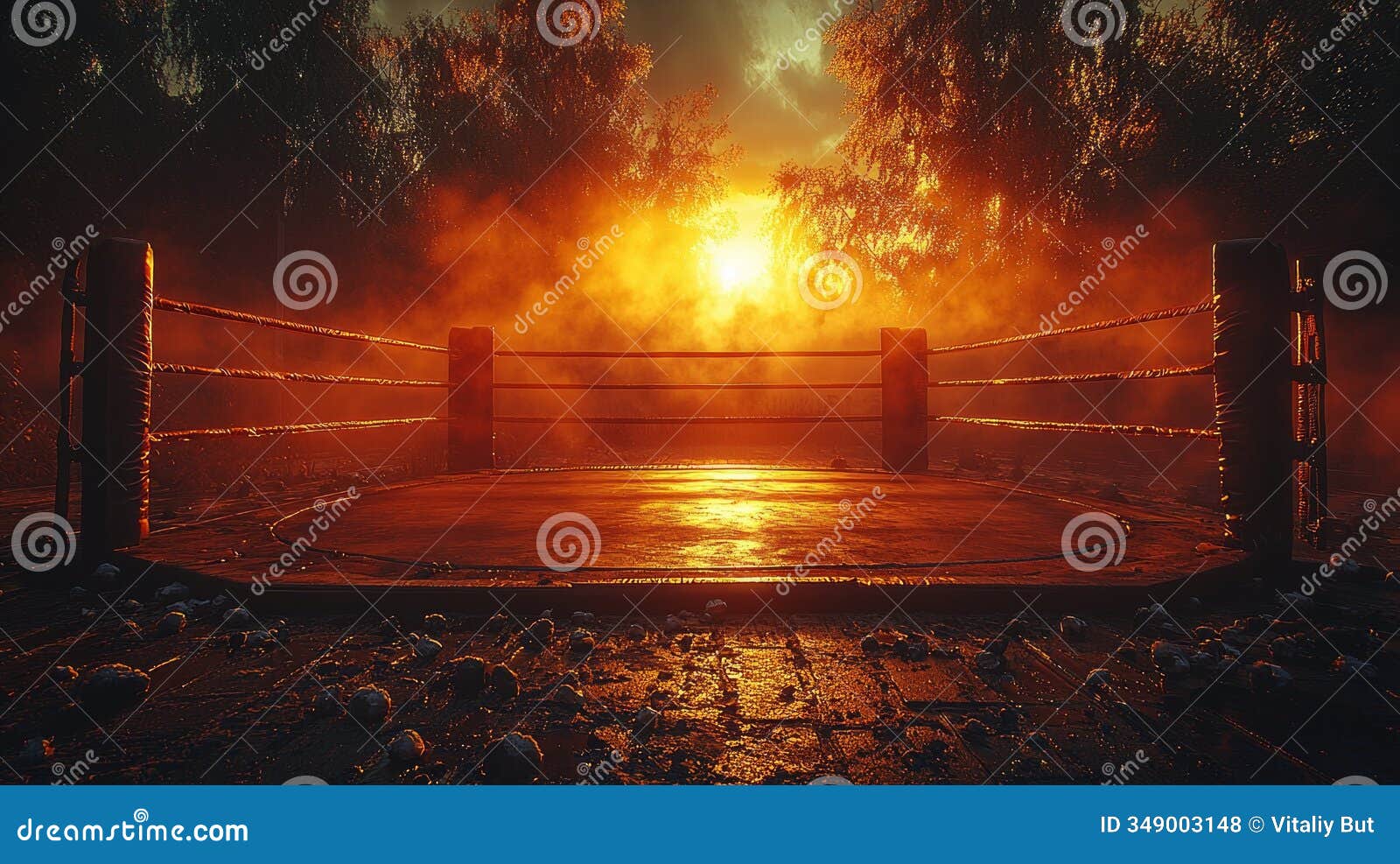 Sun Sets Dramatically Empty Boxing Ring Casting Golden Rays Mist ...