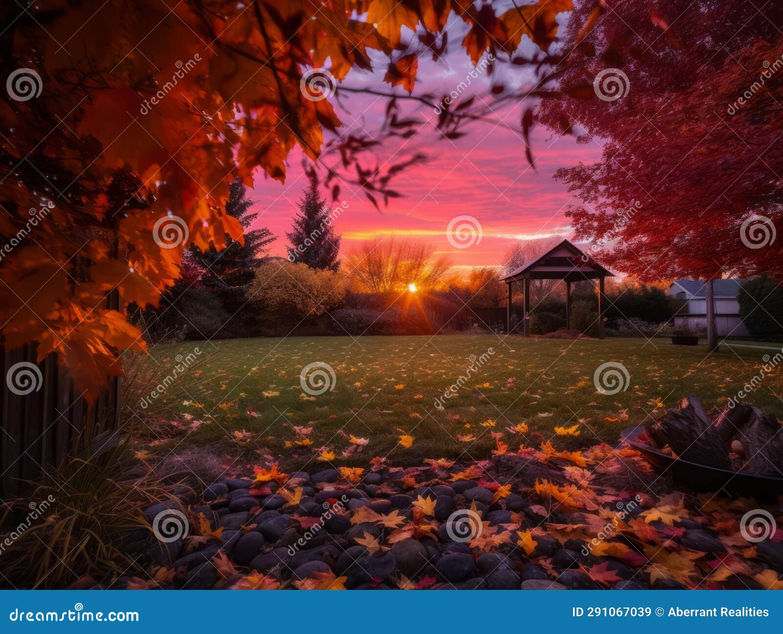 The Sun Sets Over an Autumn Landscape with Leaves on the Ground Stock ...