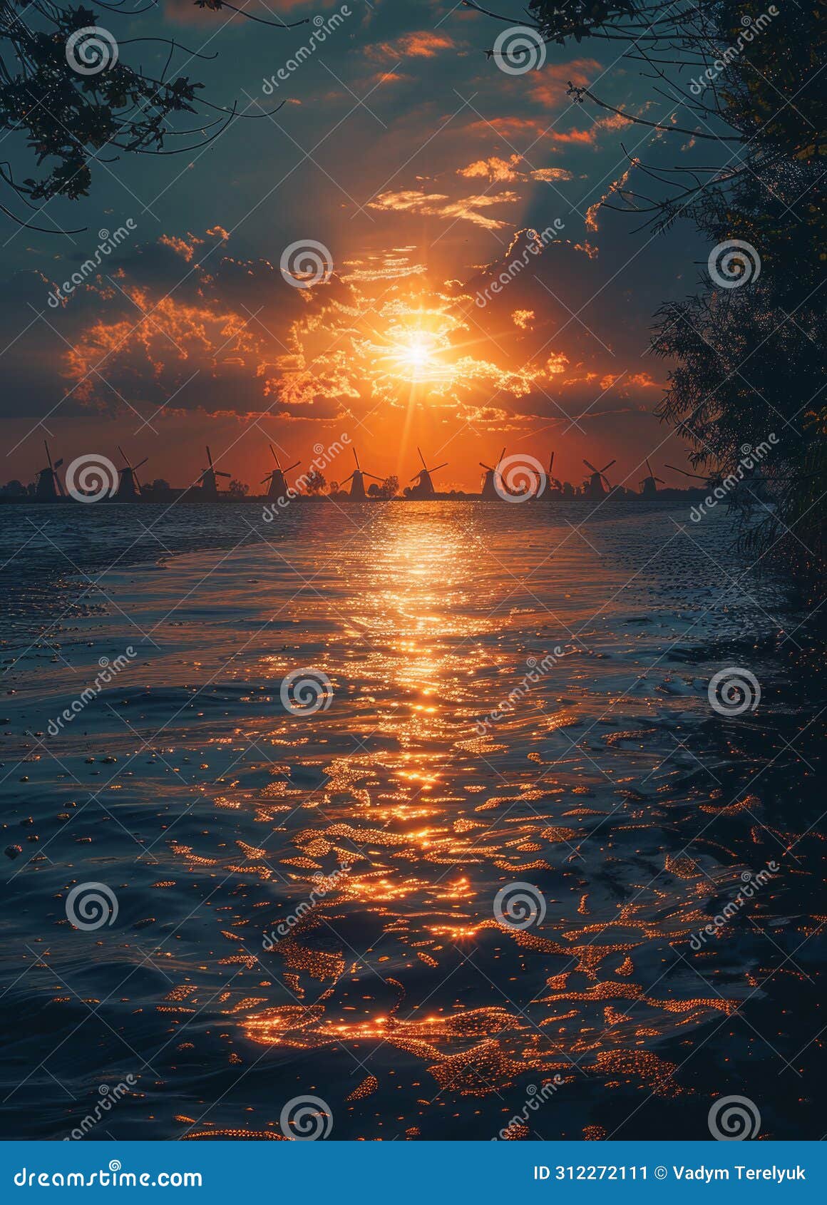 The Sun Sets Over the Water with Silhouettes of Buildings in the ...