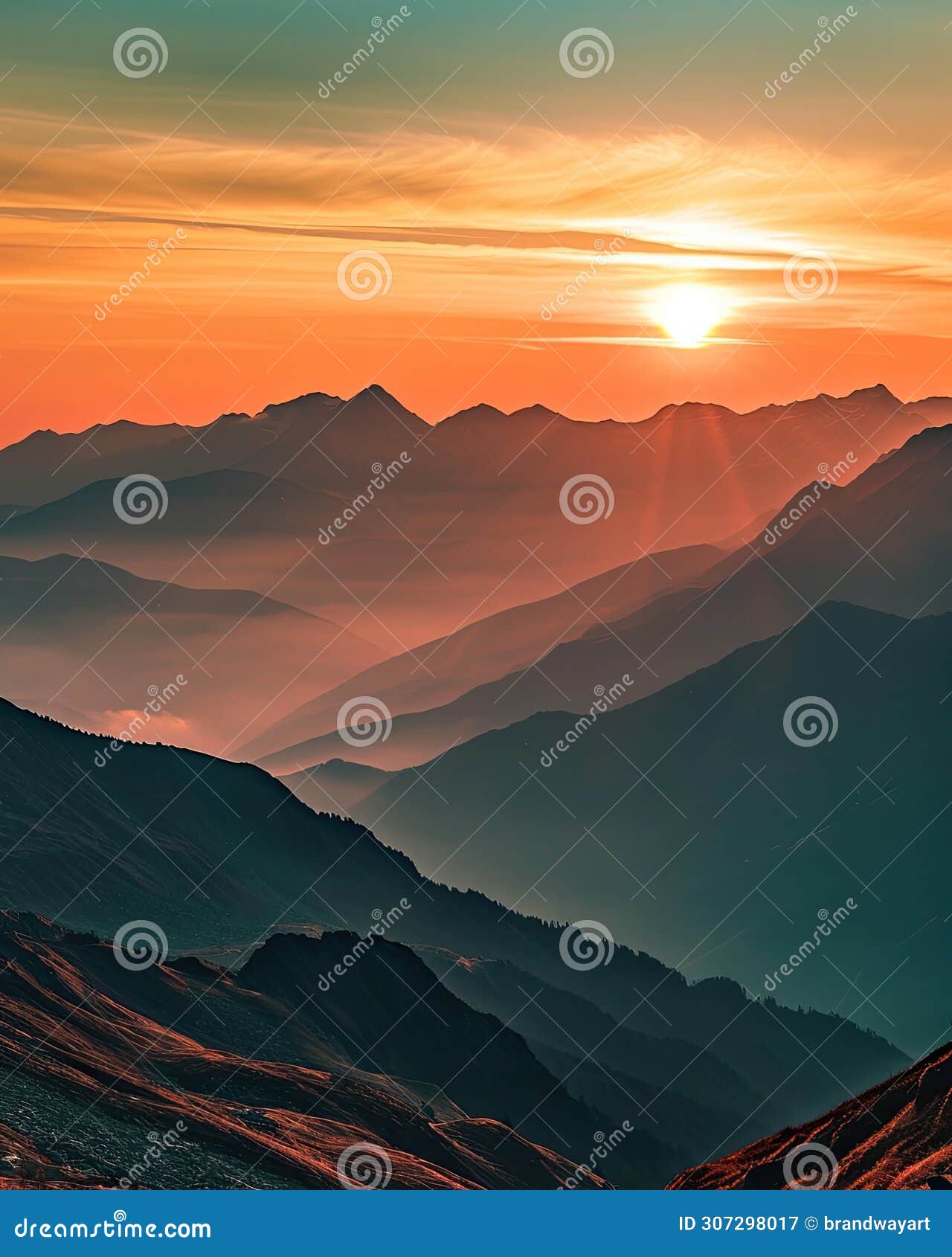Sun Setting Over Mountain Range Stock Illustration - Illustration of ...