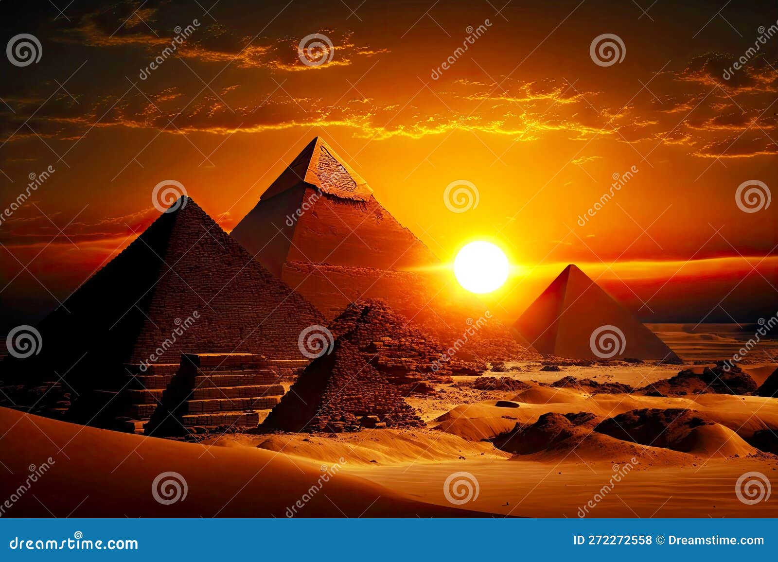 Sun Setting Behind Tall Ancient Egyptian Pyramids Stock Illustration ...