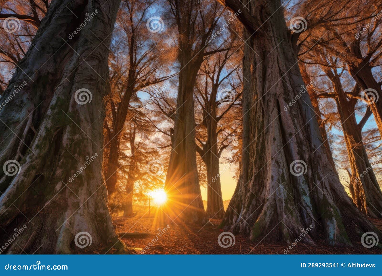 Sun Setting Behind Tall, Ancient Trees Stock Image - Image of forest ...