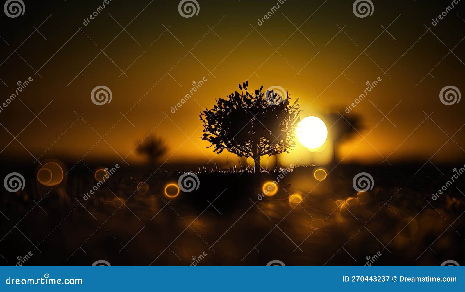 The Sun is Setting Behind a Tree in a Field of Grass. Stock ...