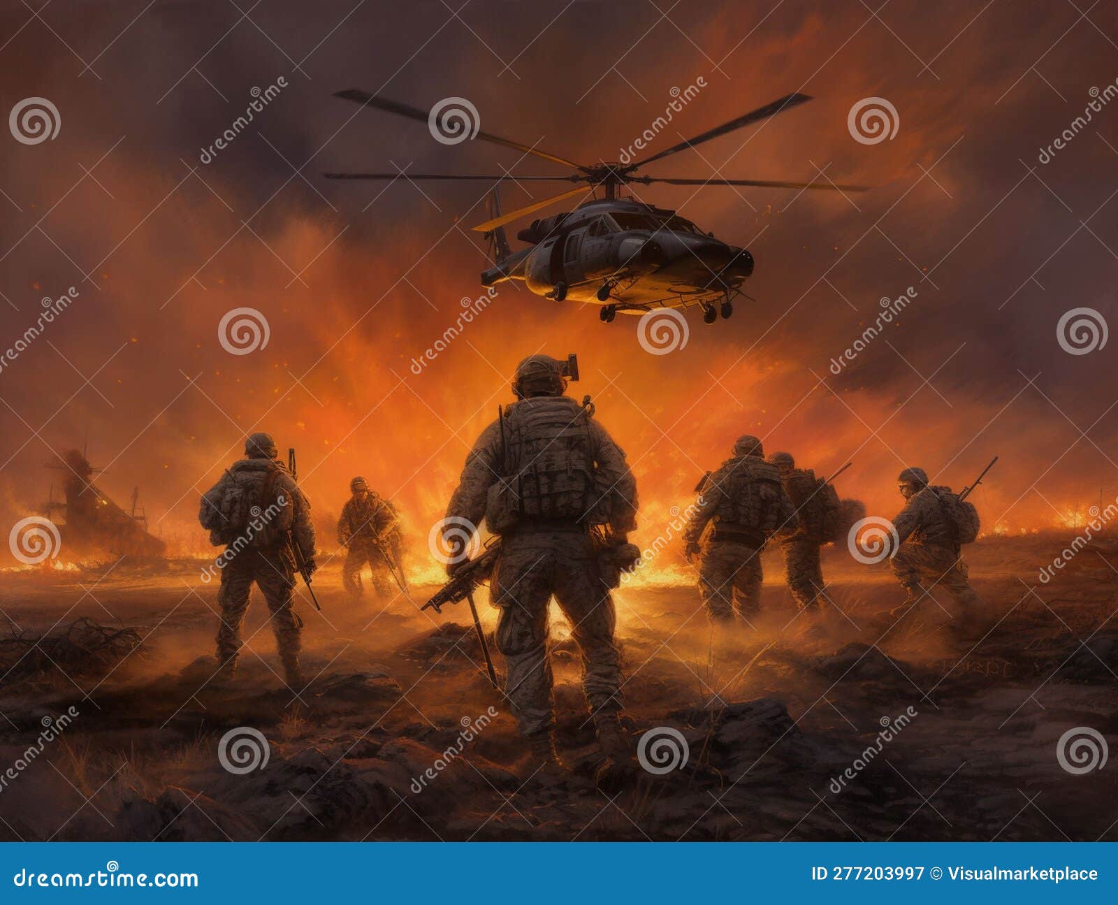 The Brave Soldiers Under a Fiery Sky Stock Illustration - Illustration ...