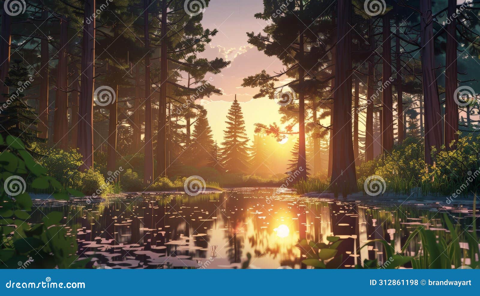 Sun Setting in Forest stock illustration. Illustration of trees - 312861198