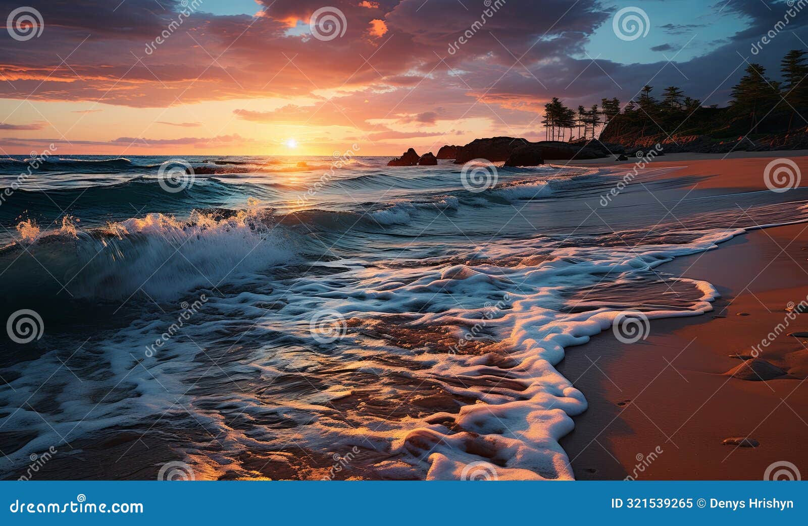 Sun Setting Over Beach with Waves Stock Image - Image of seascape ...