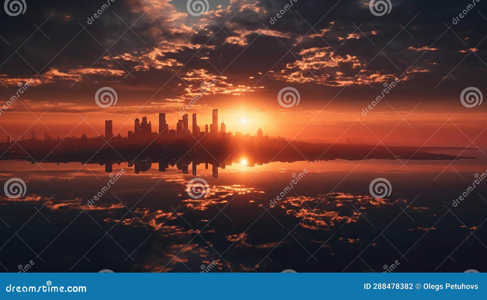 The Sun is Setting Over a City with a Reflection in the Water of the ...