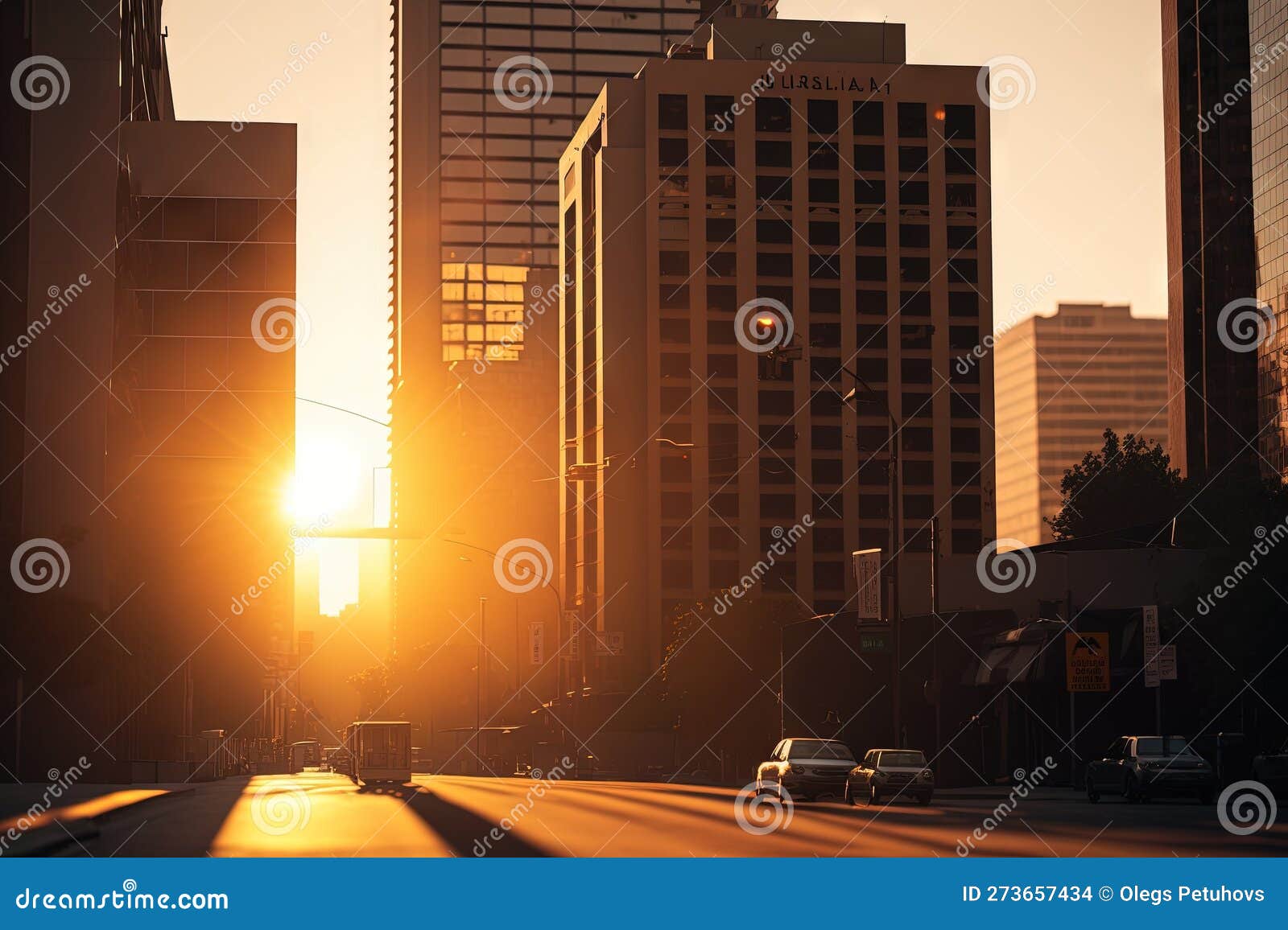 The Sun is Setting Over a City Street with Tall Buildings Stock ...
