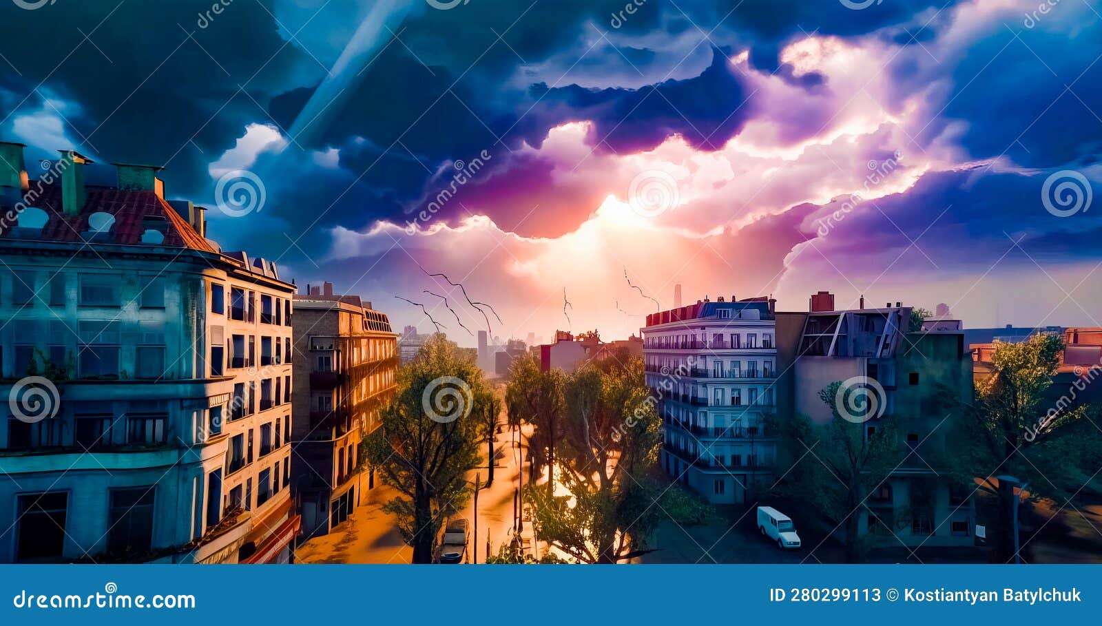 The Sun is Setting Over City with Tall Buildings and Cloudy Sky ...