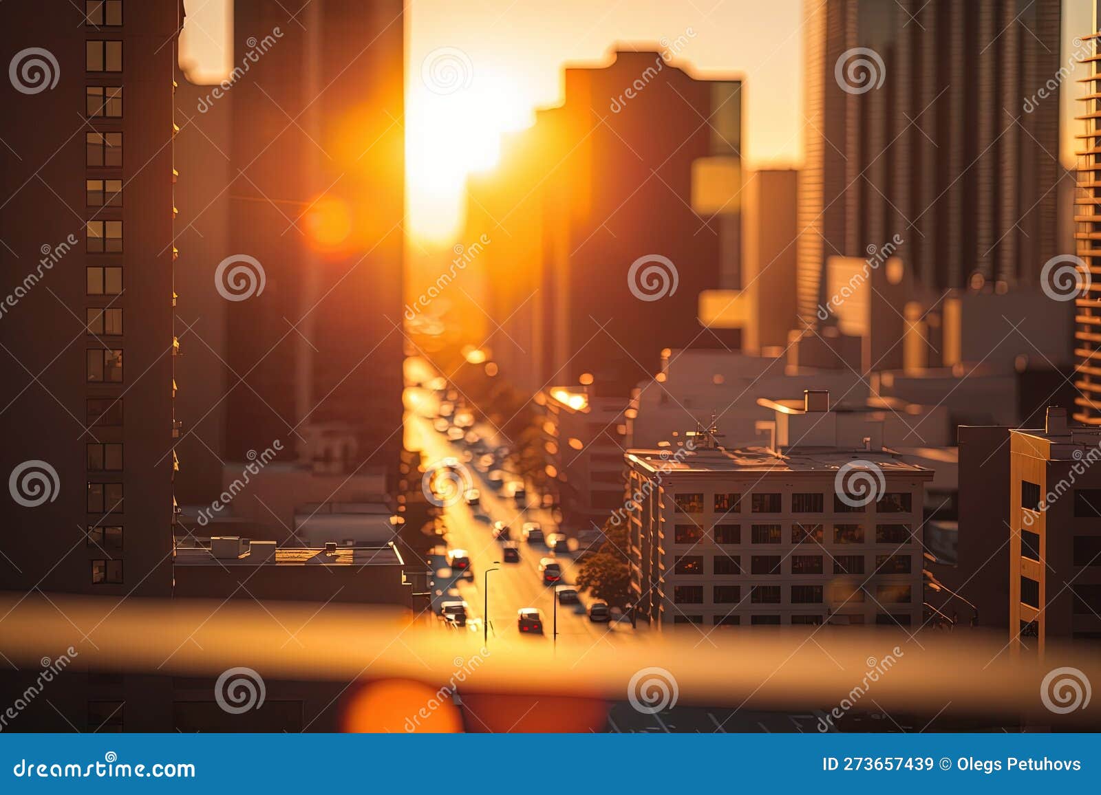 The Sun is Setting Over a City with Tall Buildings and Traffic Stock ...