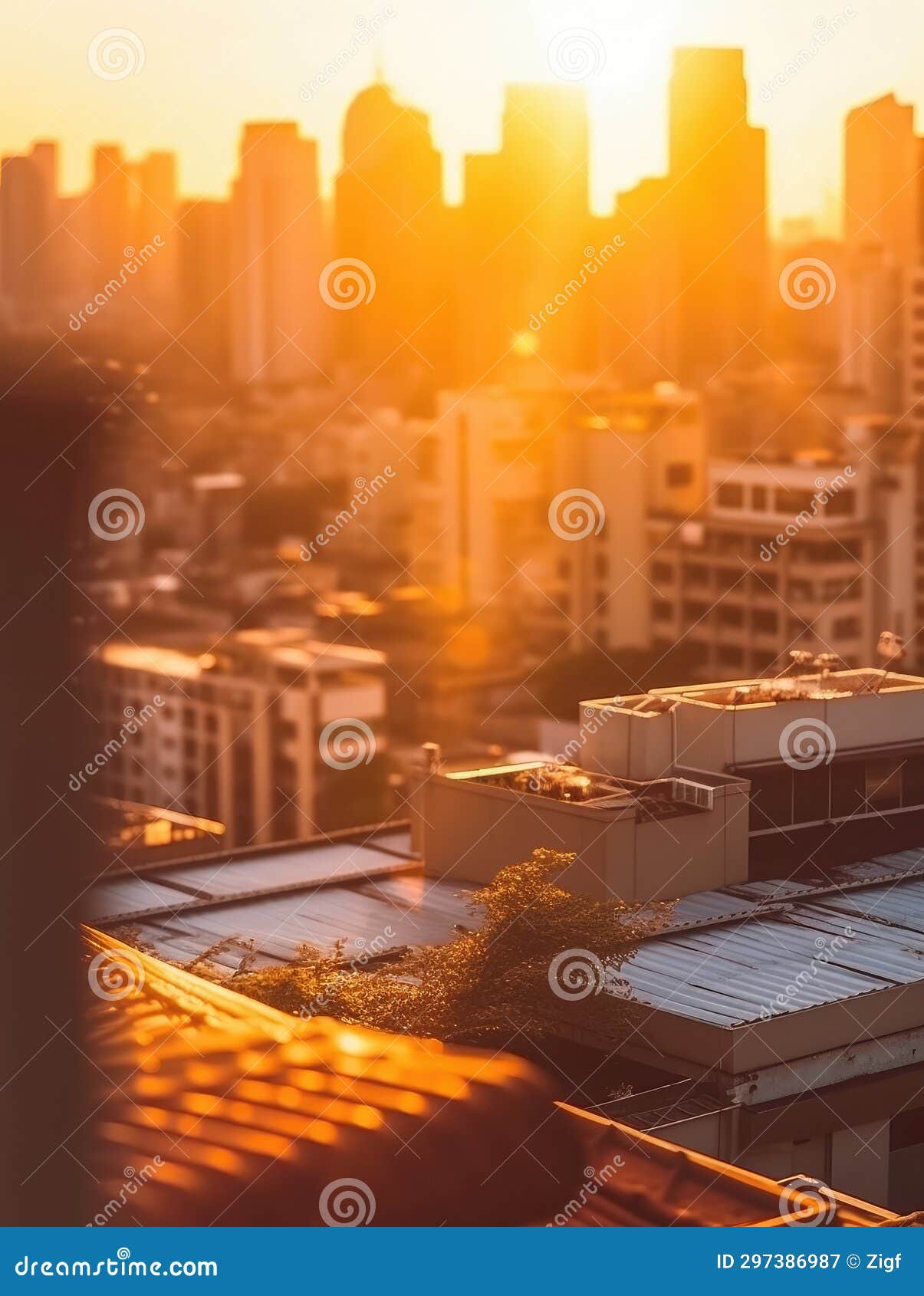 Sun is Setting Over a Cityscape with Buildings and Rooftops in the ...
