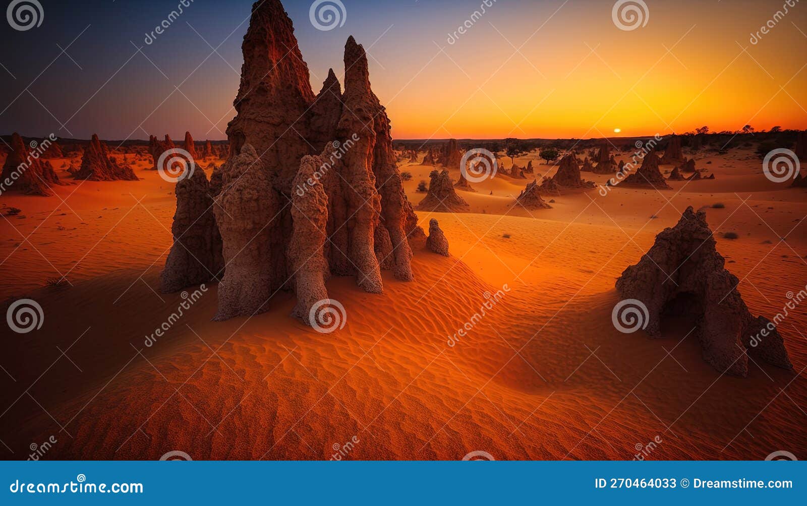 The Sun is Setting Over a Desert Landscape with Rock Formations ...