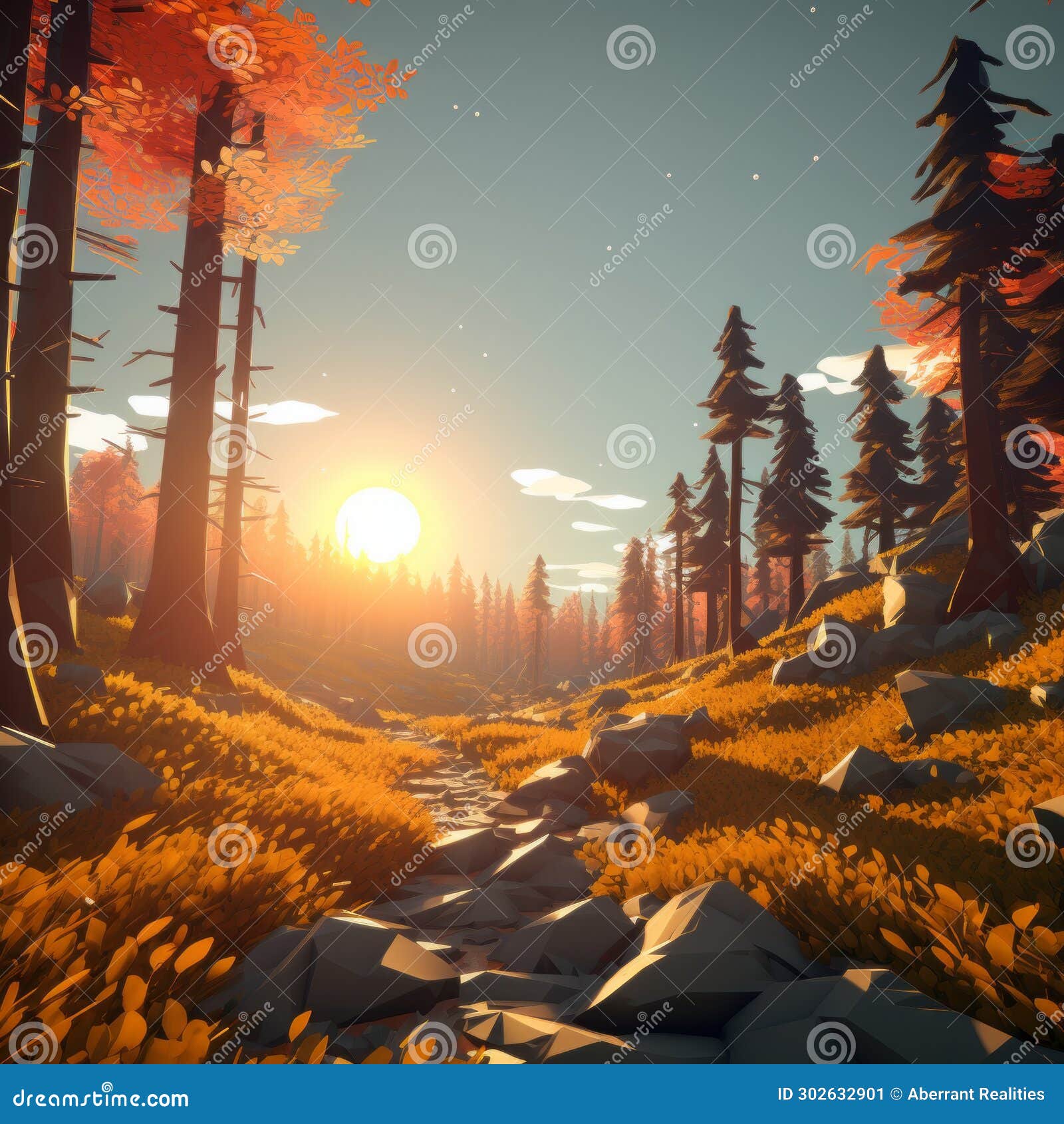 The Sun is Setting Over a Forest with Rocks and Trees Stock ...