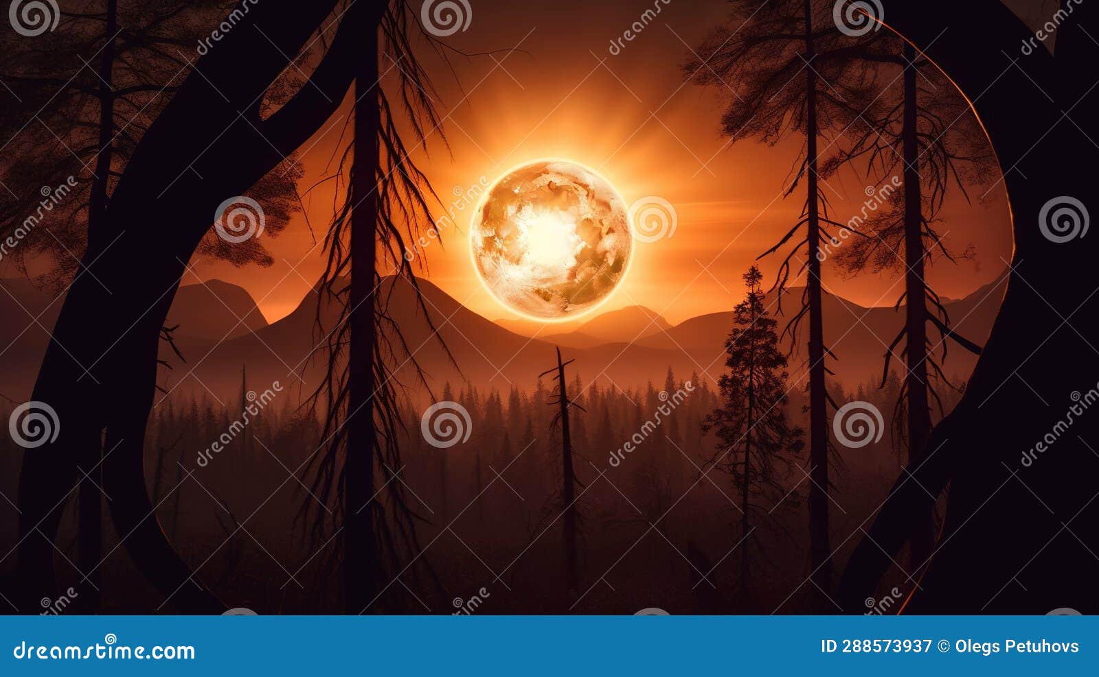 The Sun is Setting Over a Forest with Trees and Mountains in the ...