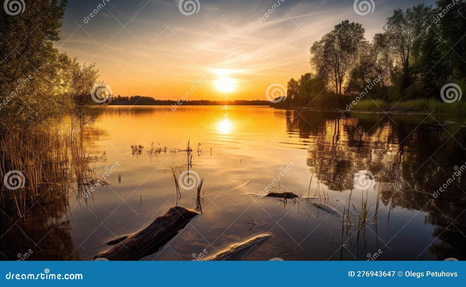 The Sun is Setting Over a Lake with a Log in the Foreground Stock ...