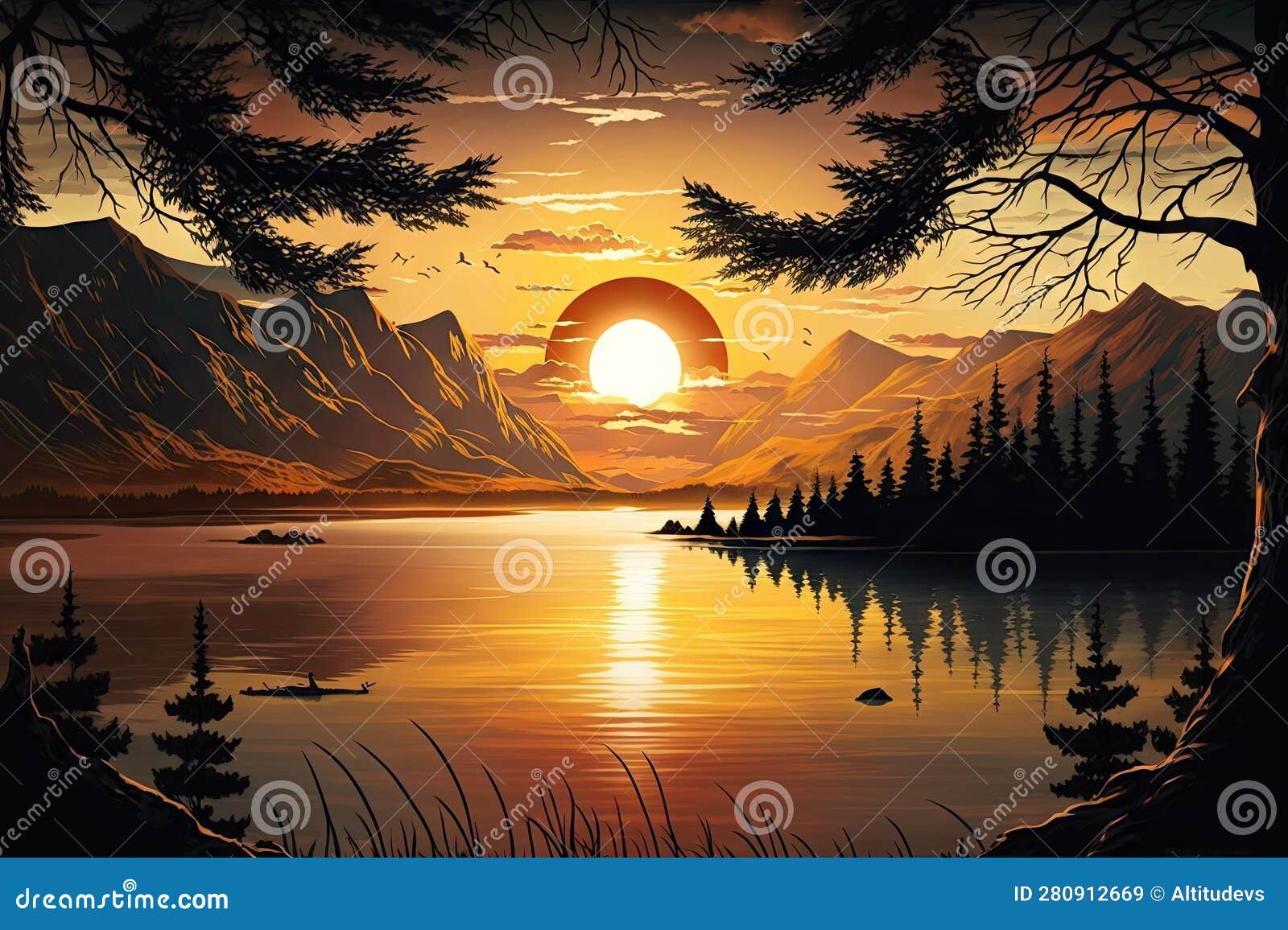 Sun Setting Over Lake Surrounded by Trees and Mountain in the ...