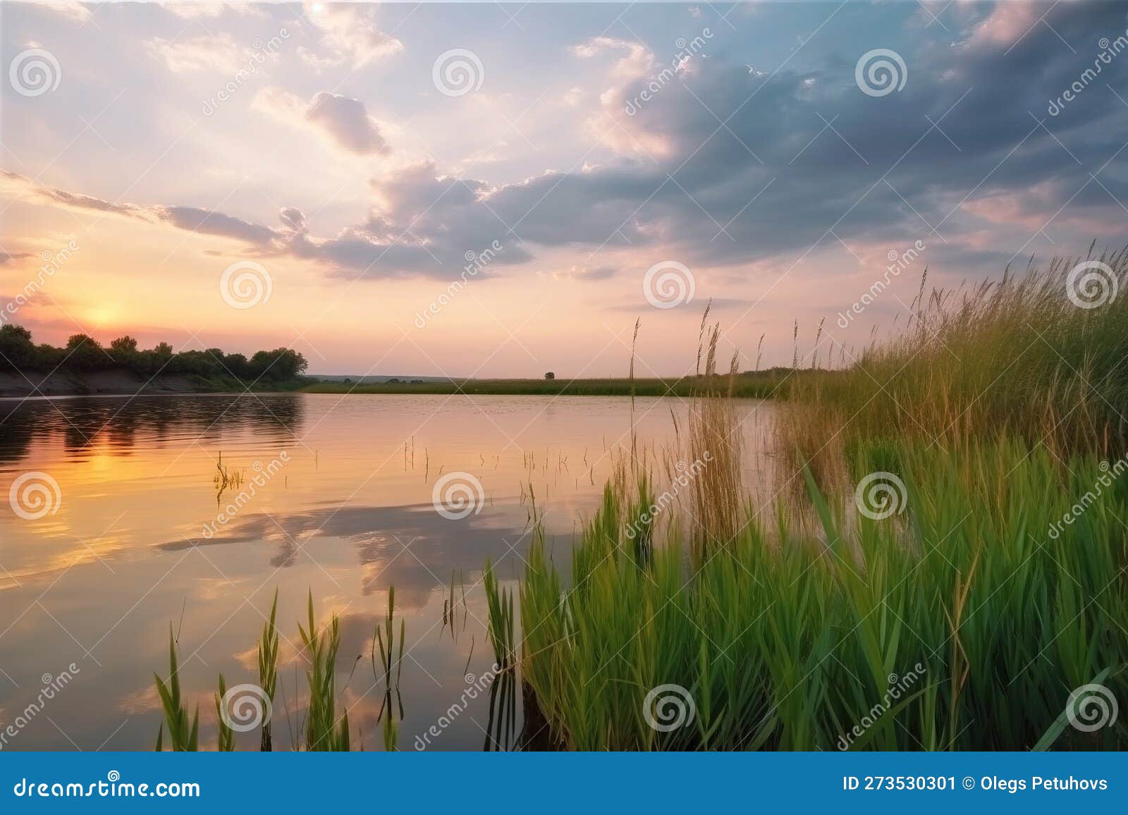The Sun is Setting Over a Lake with Tall Grass in the Foreground and ...