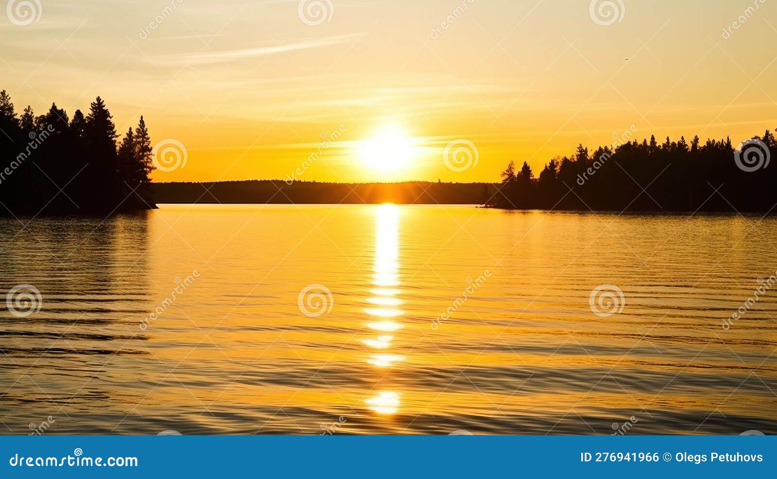 The Sun is Setting Over a Lake with Trees in the Background Stock ...