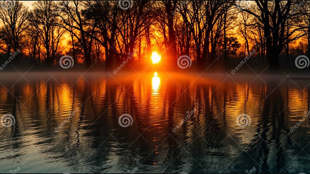 The Sun Setting Over a Lake with Trees in the Background Generated ...