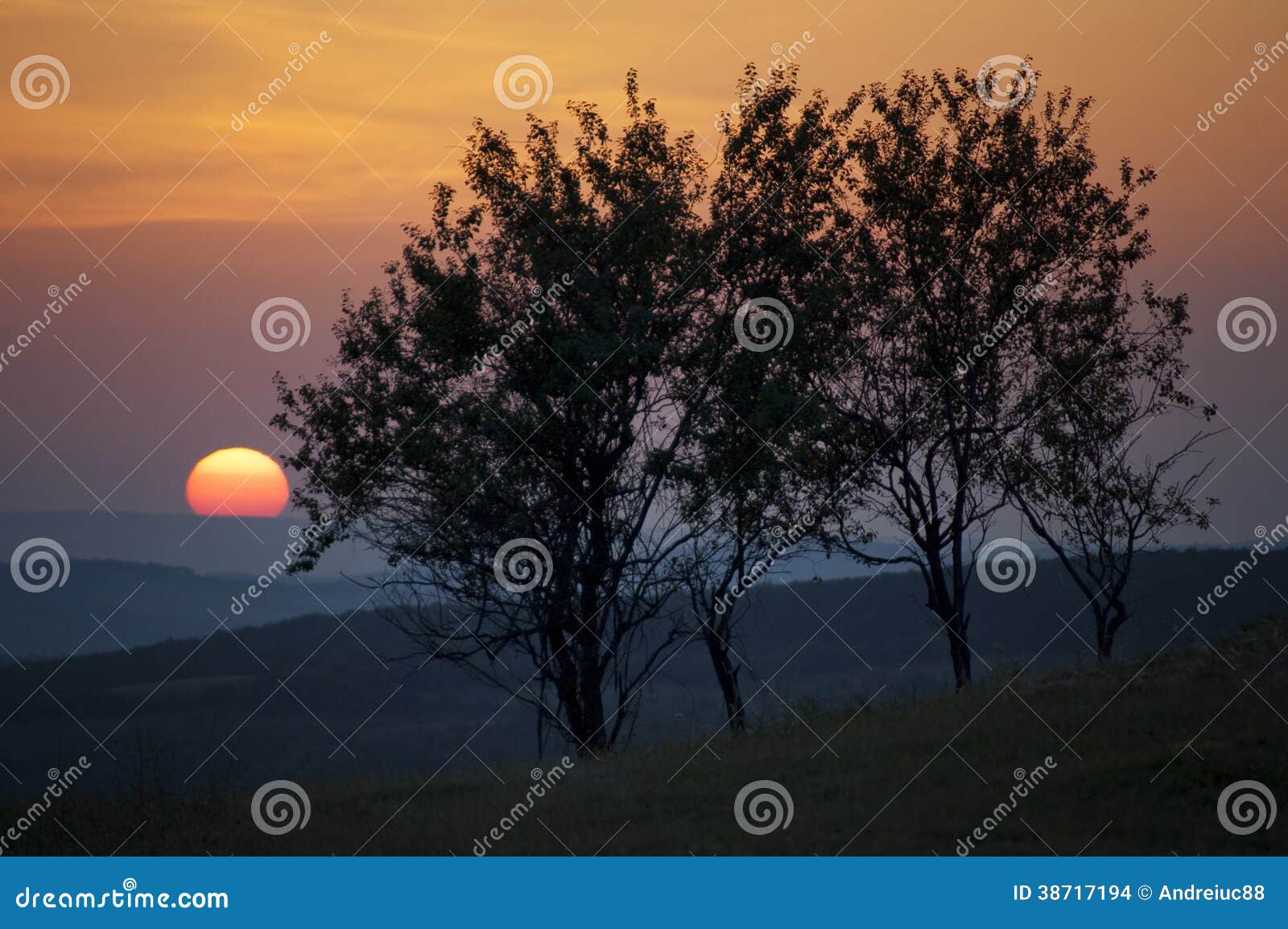 Sun Setting Over Landscape with Trees Stock Photo - Image of hill ...