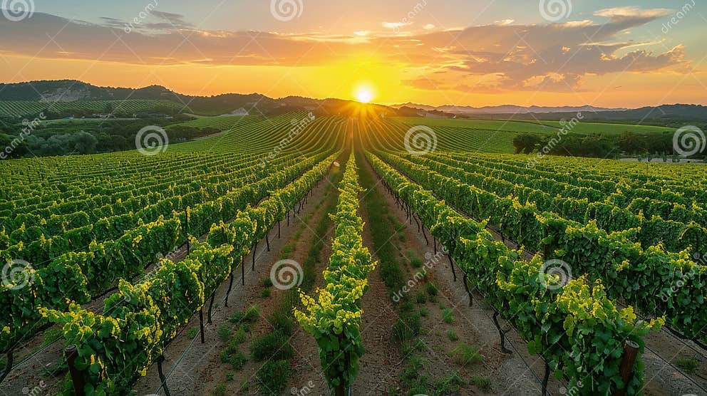 Sun Setting Over Large Vineyard Stock Photo - Image of setting, colors ...