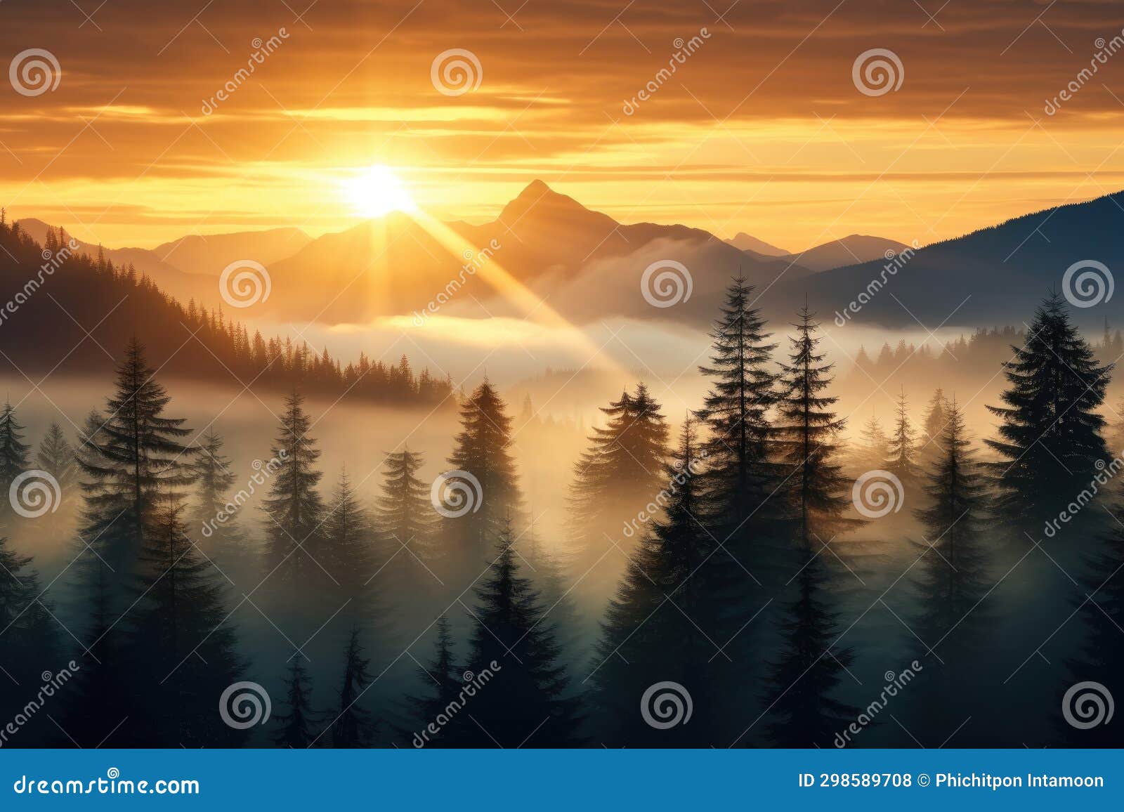 The Sun Setting Over a Mountain with Fir Trees and Fog in Front of.AI ...