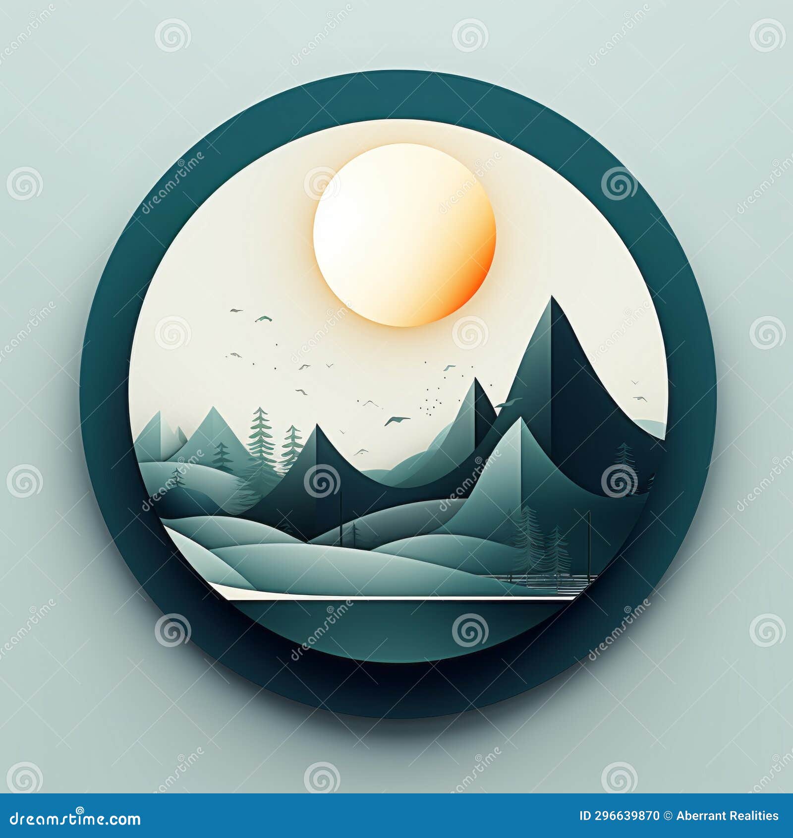 The Sun is Setting Over a Mountain Range in a Circular Design Stock ...