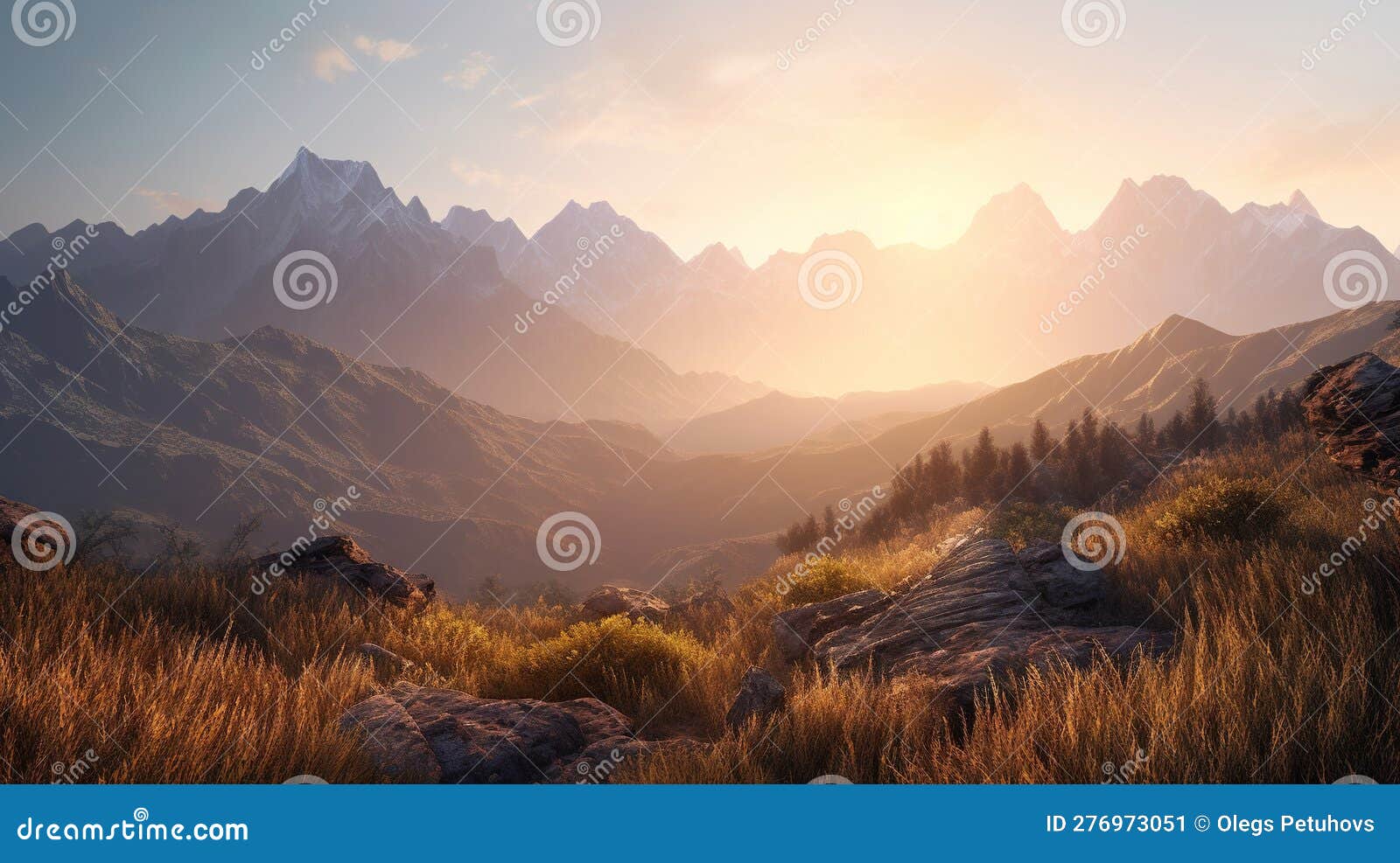 The Sun is Setting Over a Mountain Range with Tall Grass Stock ...