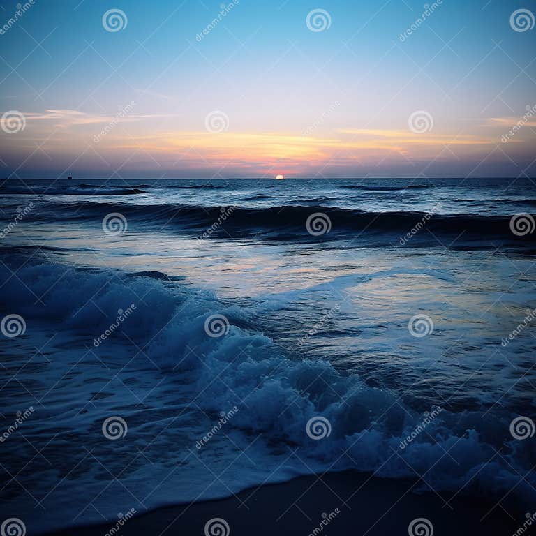The Sun is Setting Over the Ocean with a Wave Coming in Stock Image ...