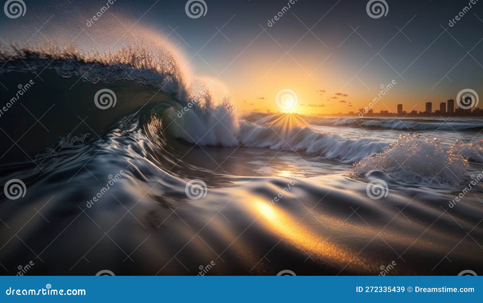 The Sun is Setting Over the Ocean with a Wave Crashing Stock ...