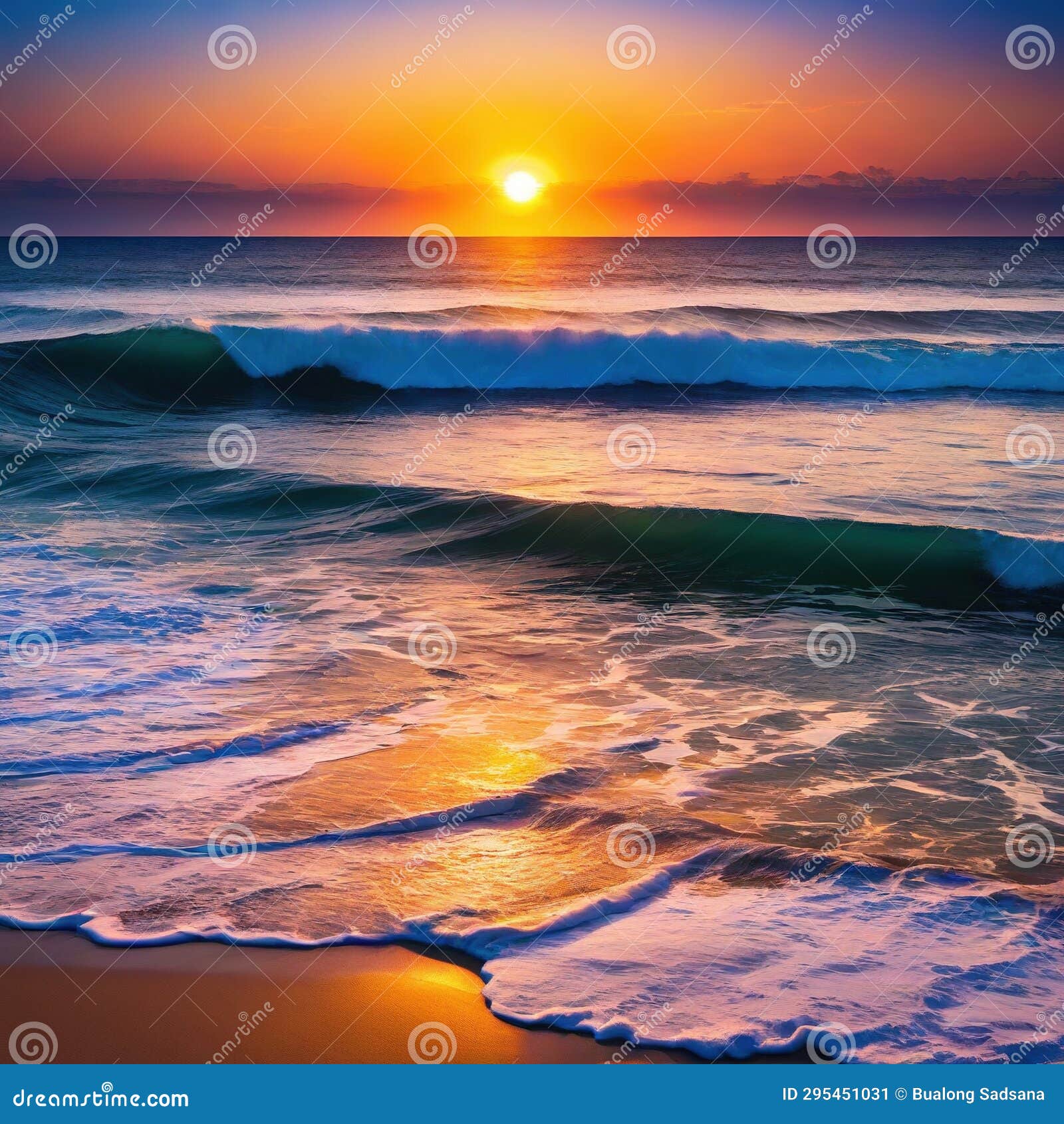 The Sun is Setting Over the Ocean with a Wave Stock Illustration ...