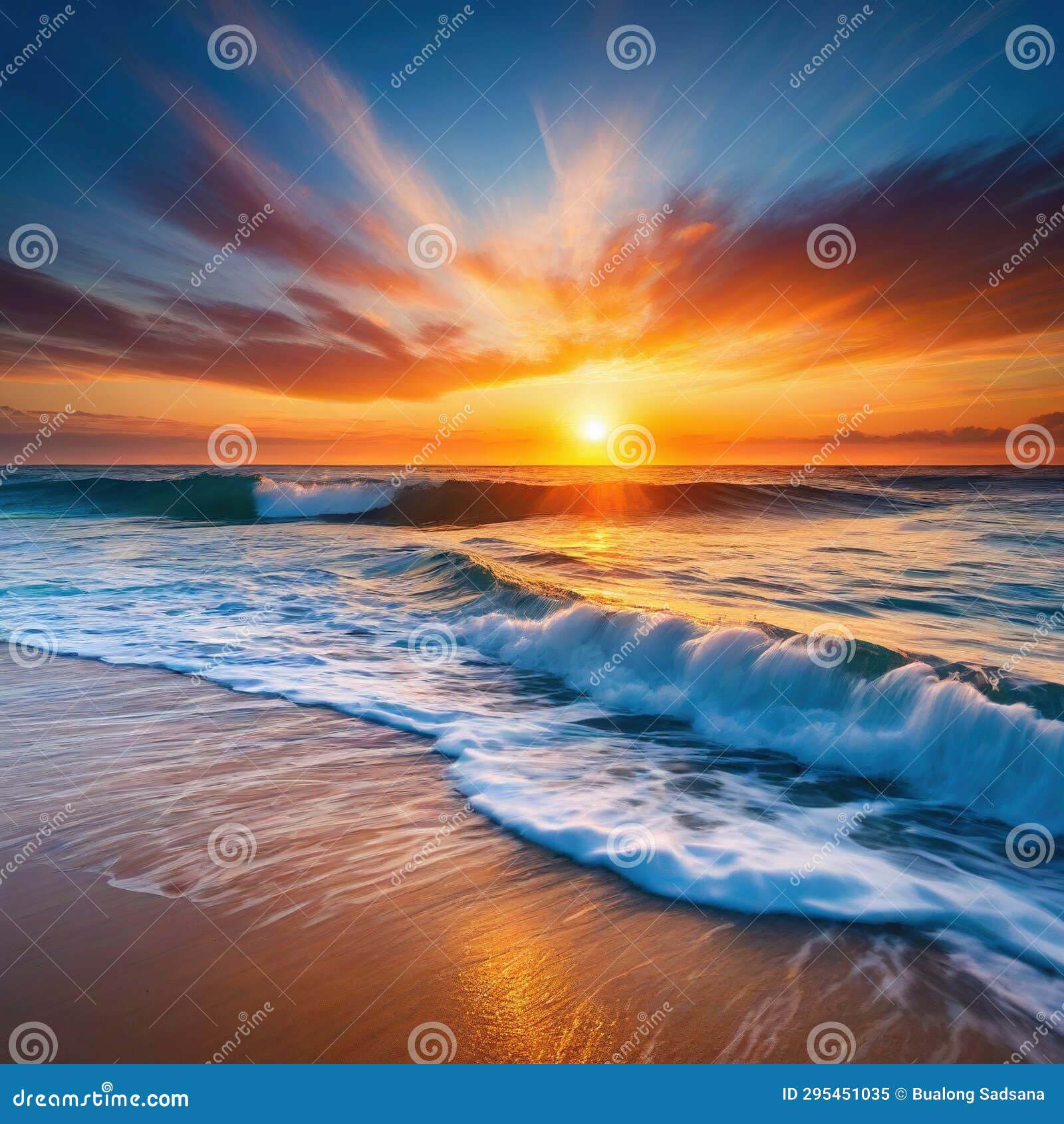 The Sun is Setting Over the Ocean with a Wave Stock Illustration ...