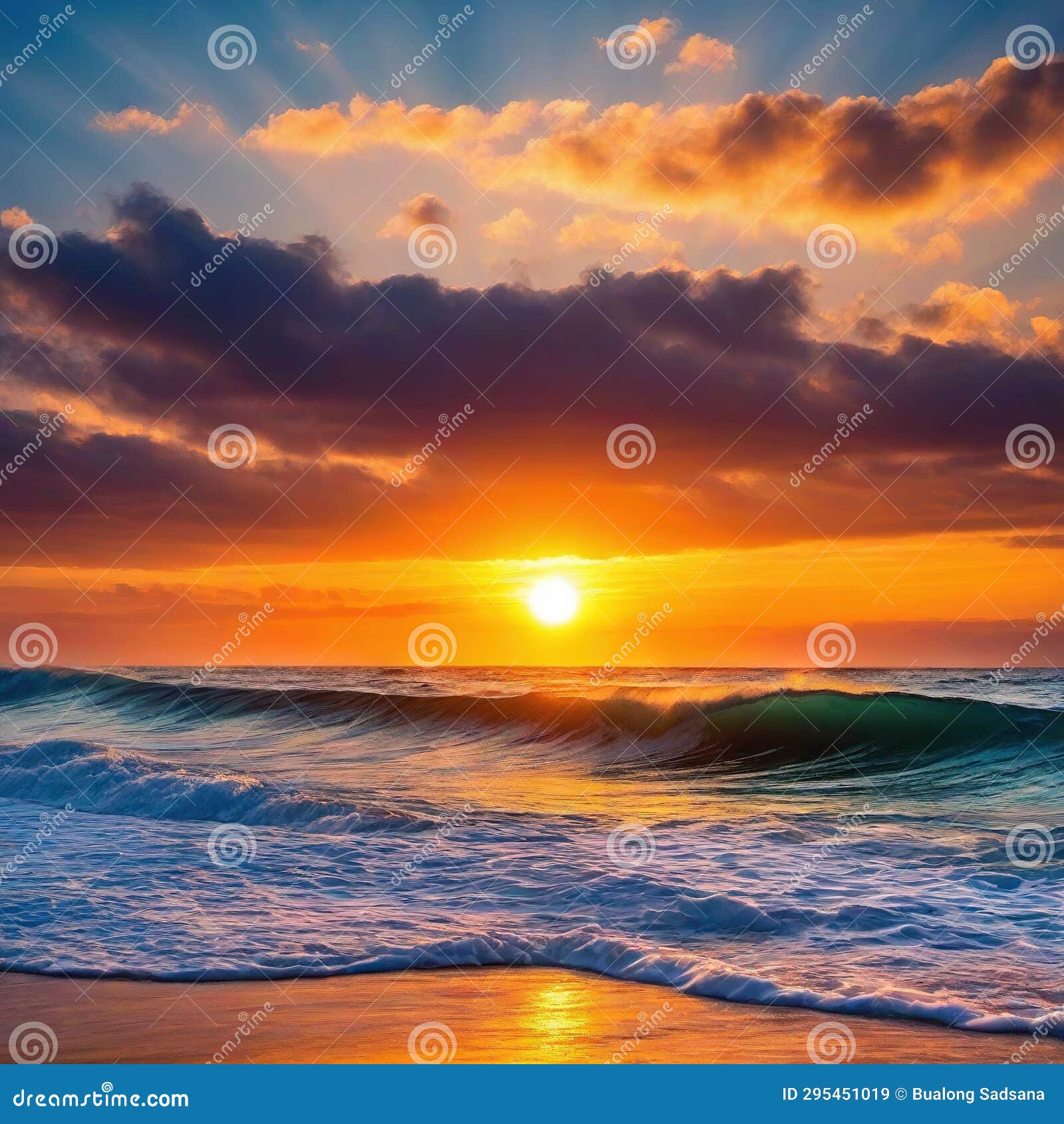 The Sun is Setting Over the Ocean with Waves Coming Stock Illustration ...