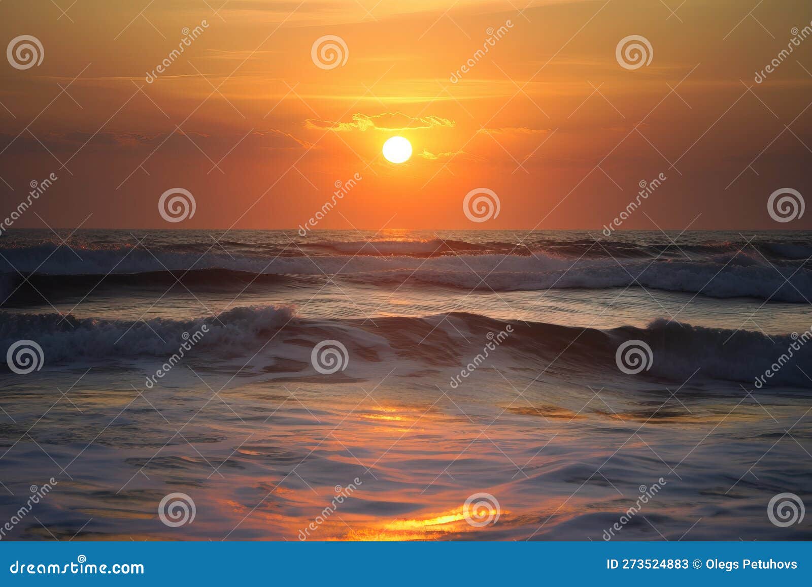 The Sun is Setting Over the Ocean with Waves in the Foreground and the ...