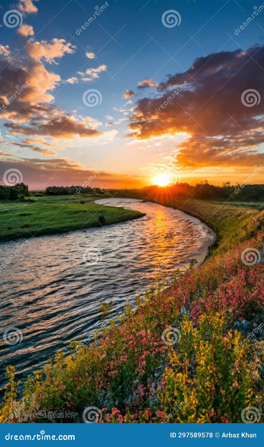 A Sun Setting Over a Peaceful River Bend. Stock Illustration ...