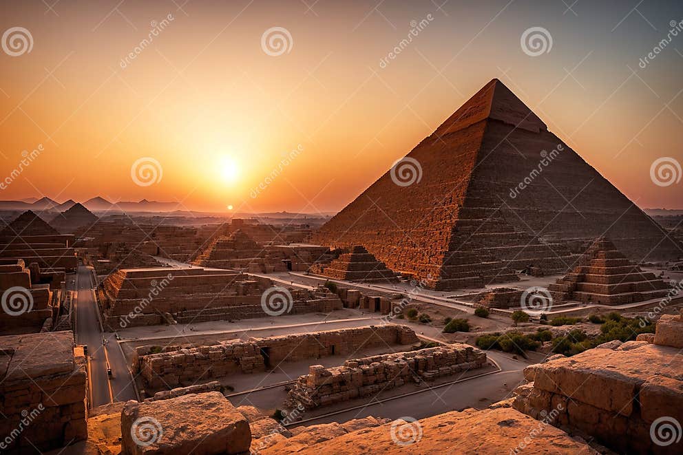 Sun Setting Over the Pyramids in Egypt Stock Image - Image of landmark ...