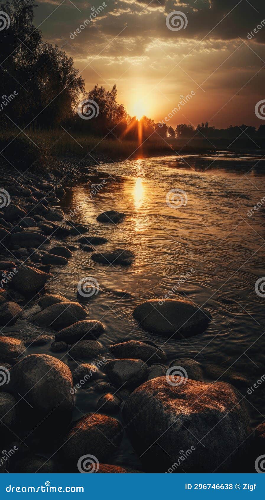 Sun is Setting Over a River with Rocks in the Water Stock Illustration ...