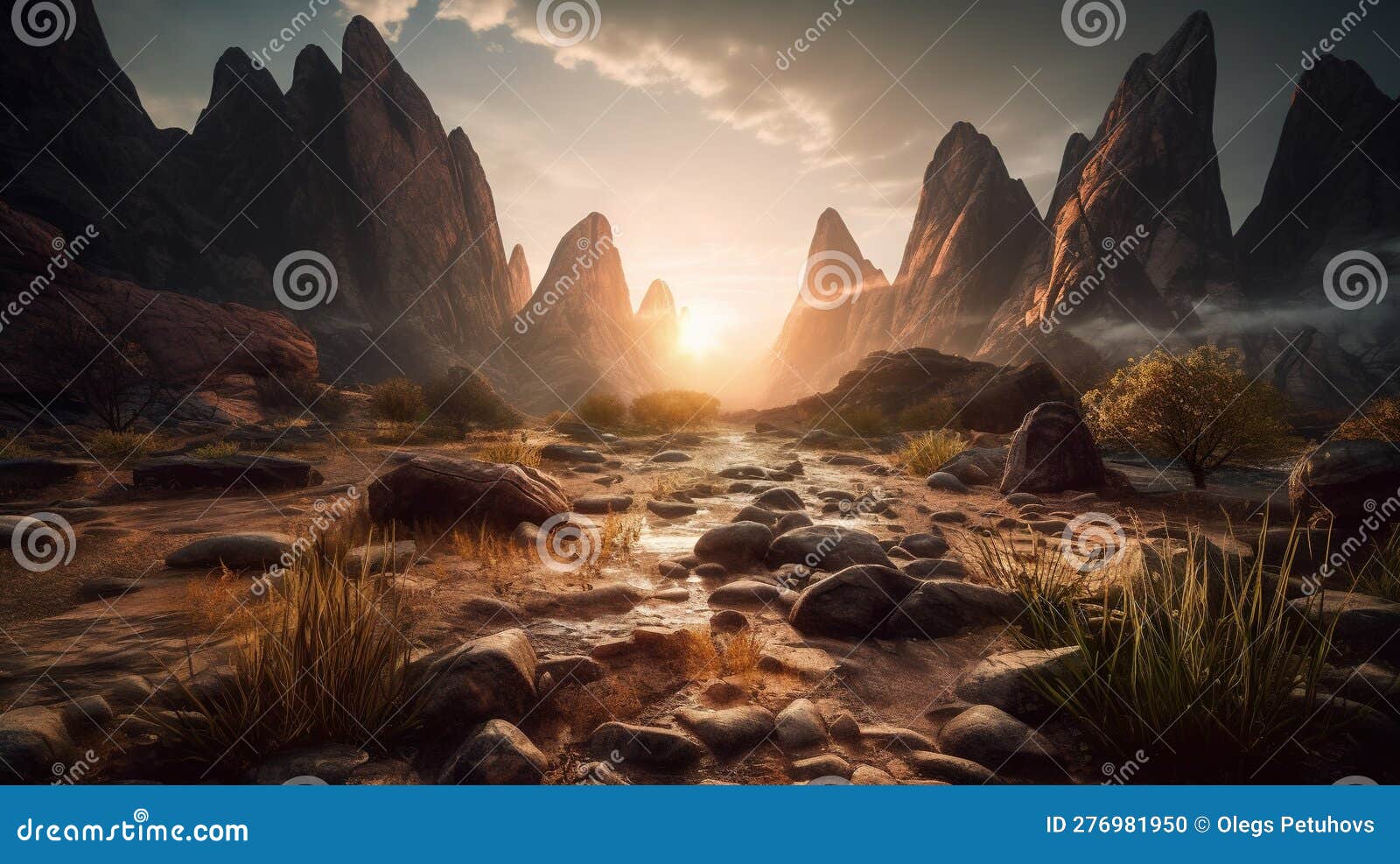 The Sun is Setting Over a Rocky Mountain Valley with a Stream Running ...
