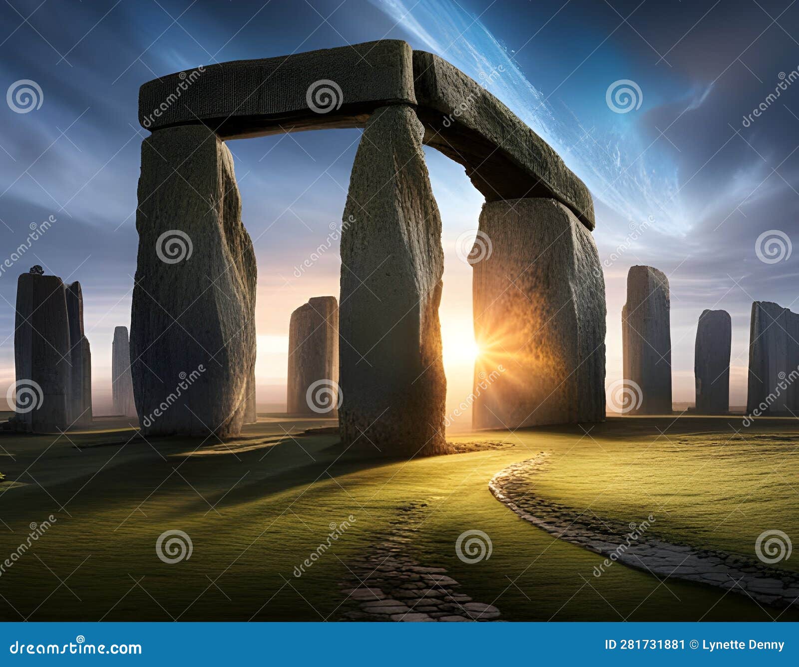 The Standing Stones Of Stonehenge On A Low Hill In A Windswept Green Landscape With A Distant ...