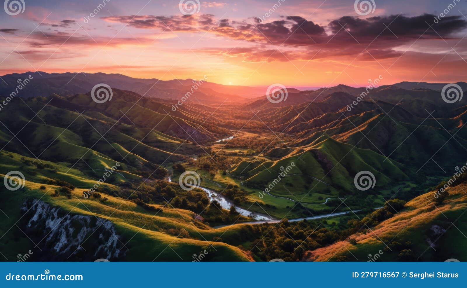 The Sun is Setting Over a Valley in the Mountains. Generative AI Image ...
