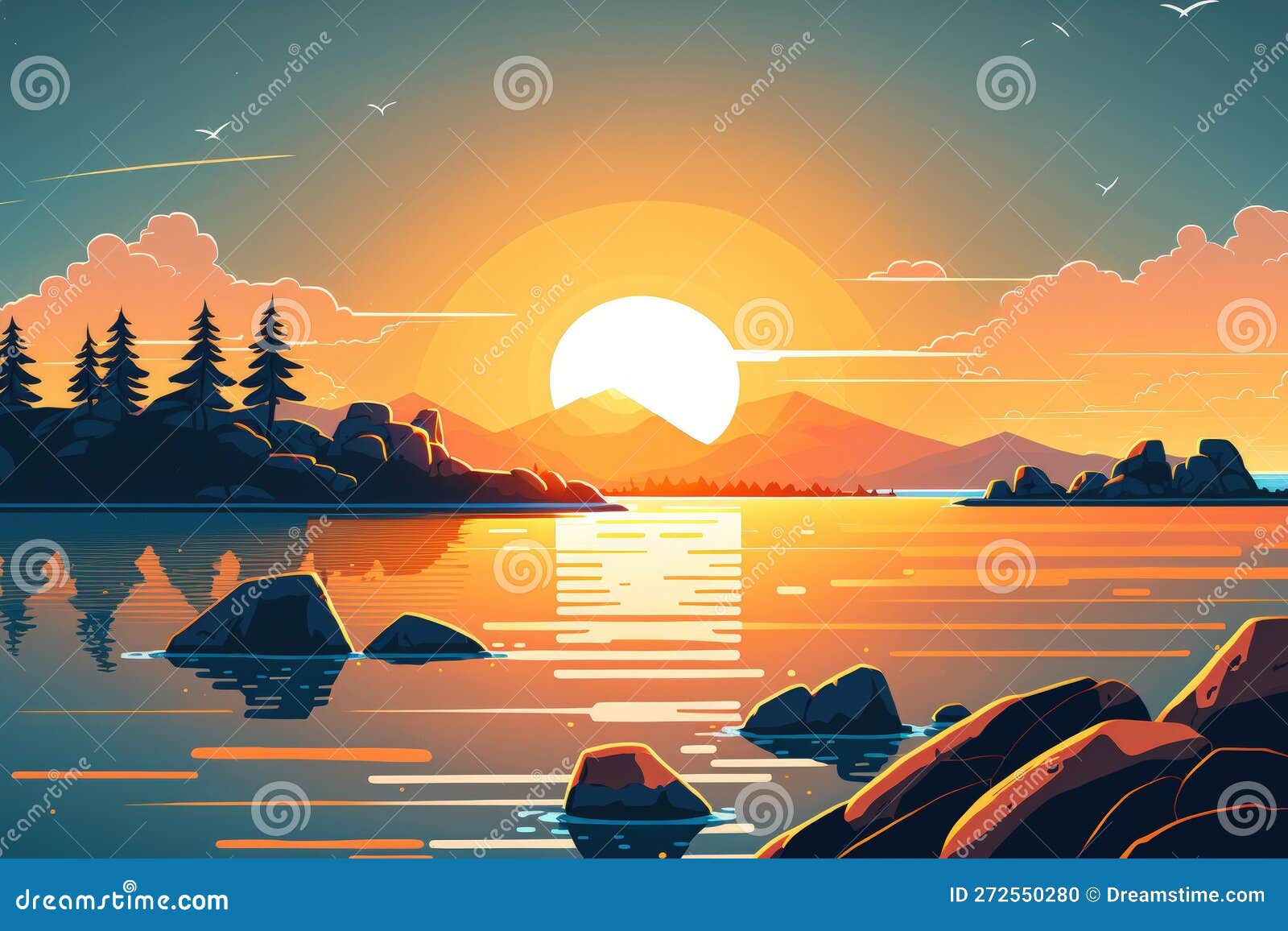 Sun setting over the water stock illustration. Illustration of contour ...