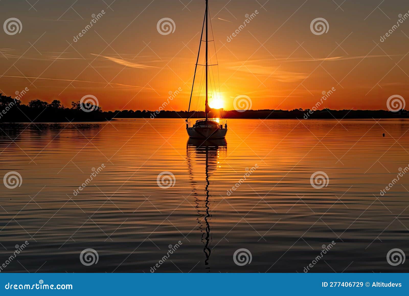 The Sun Setting Over the Water, with Sailboat and Its Reflection ...
