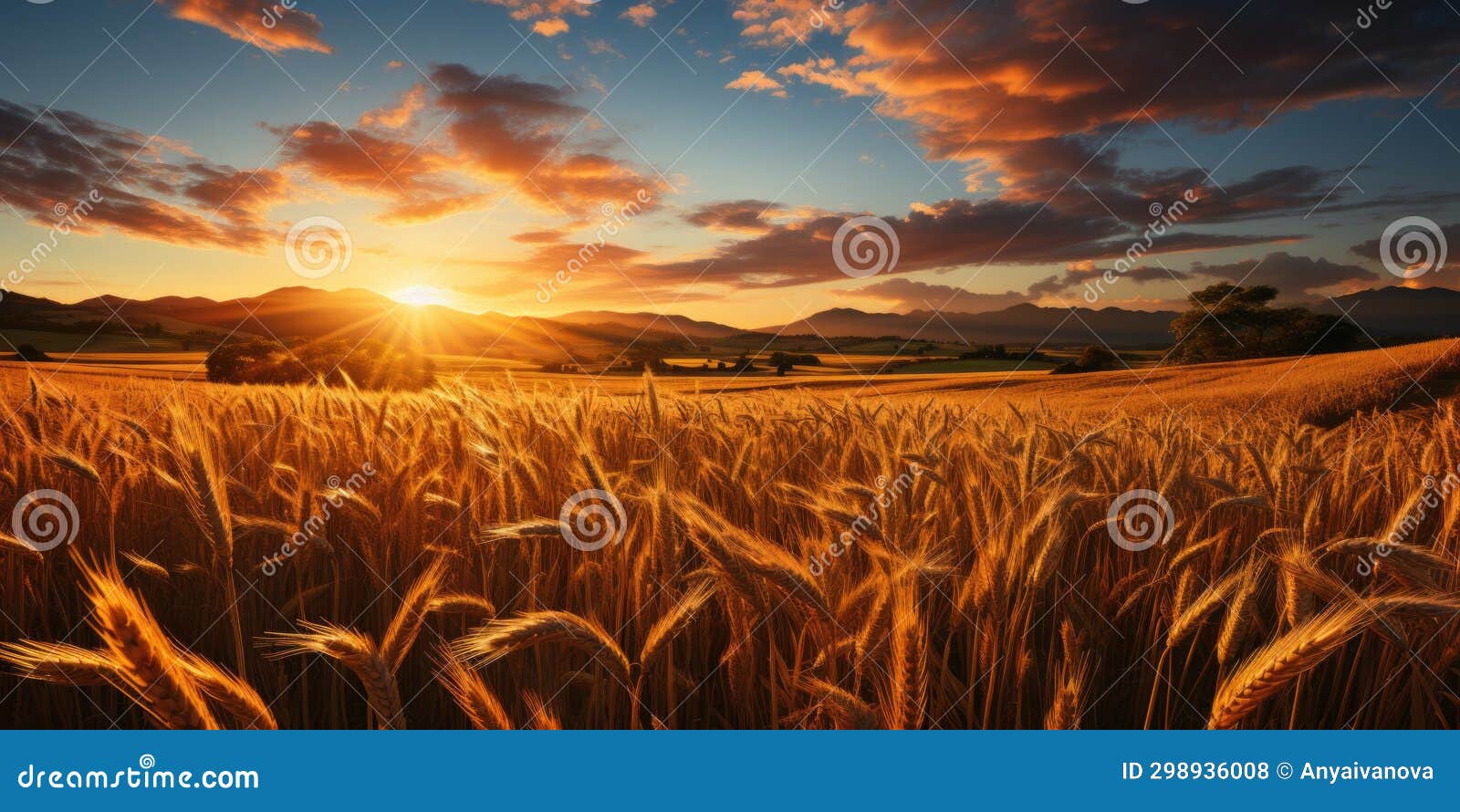 The Sun is Setting Over a Wheat Field Stock Illustration - Illustration ...