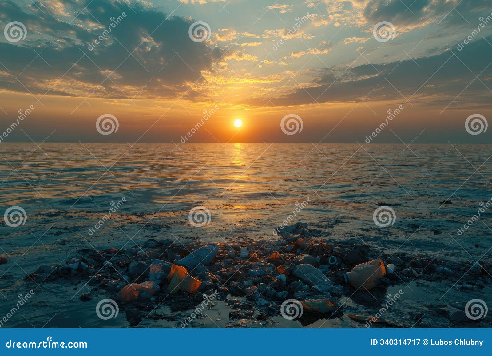 The Sun is Setting on a Polluted Beach Full of Garbage Stock ...