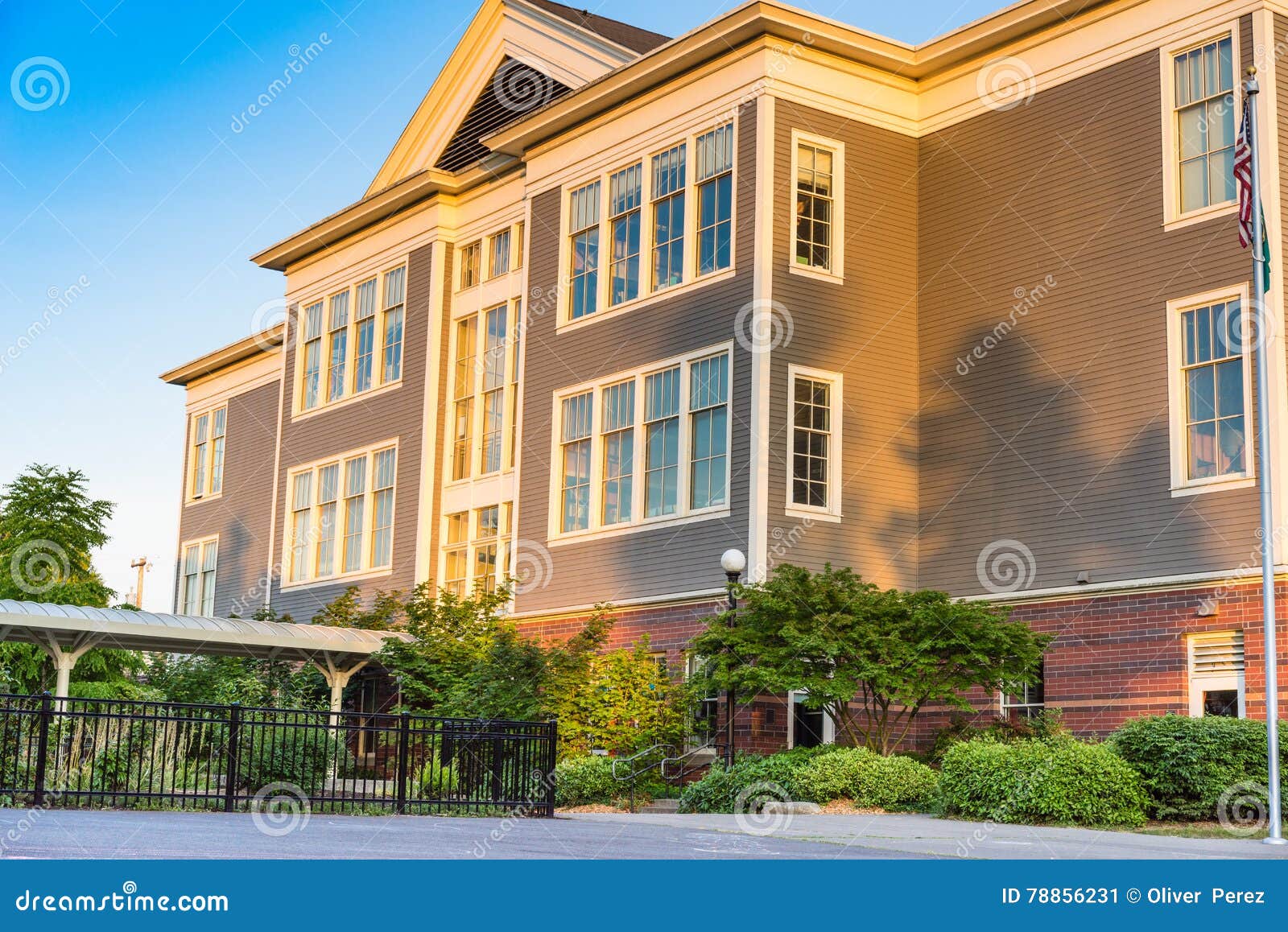 Sun Setting on School Building Stock Image - Image of academic, private ...