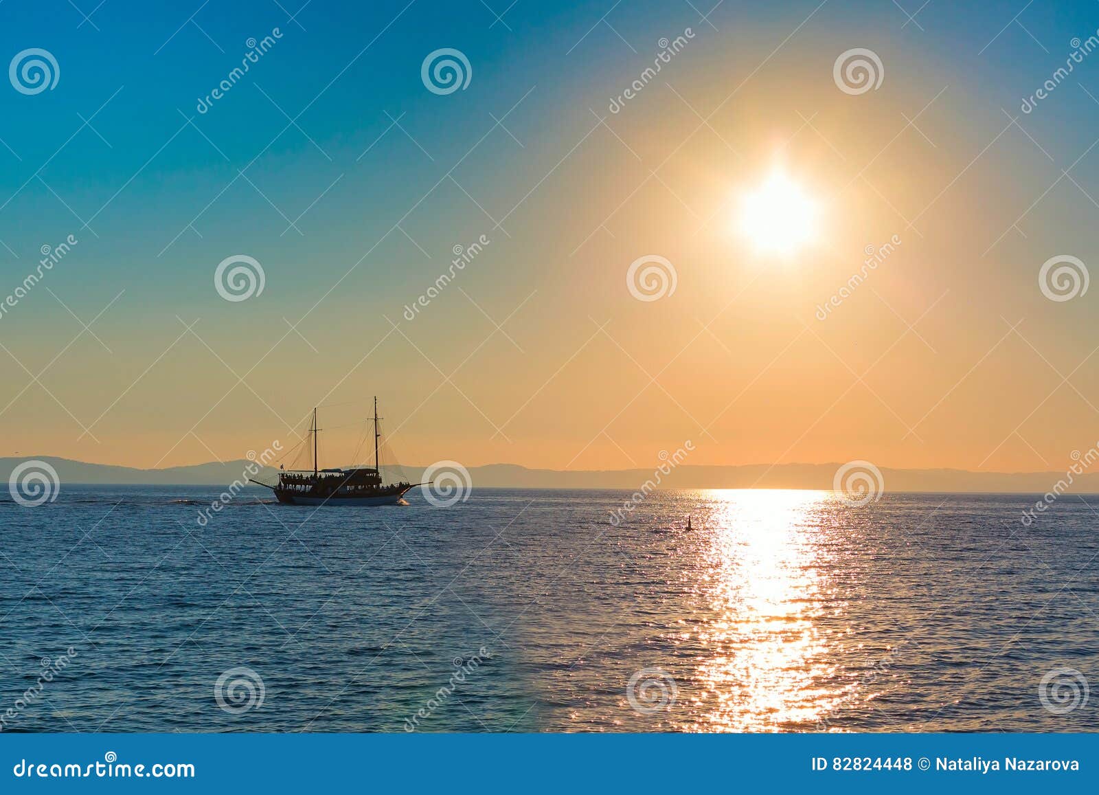 Sun Setting at the Sea with Sailing Ship Stock Photo - Image of sailing ...